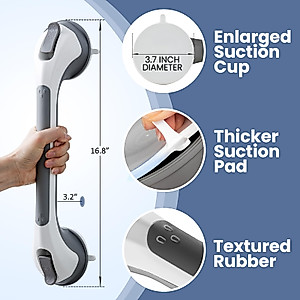 TAILINK 2 Packs Shower Grab Bar Suction Cup for Bathroom and Showers, 16 inch Shower Safety Handrail for Seniors and Elderly, Removable Toilet Bathtub Handle Waterproof, No Drilling Grab Bar, Grey