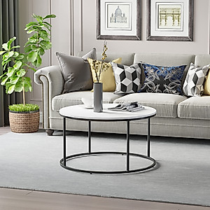 HOMCOM Round Coffee Table, 32 in Modern Center Table with Black Metal Frame, Coffee Tables for Living Room, White