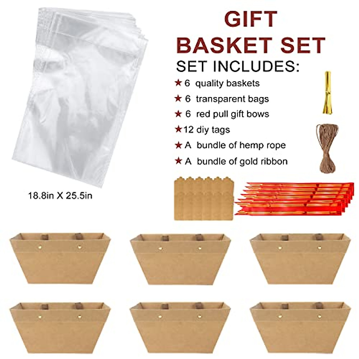 Bigger Baskets for Gifts Empty ,6 Pack Sturdy Kraft Basket With Handles Gift Basket Kit,6 Shrink Wrap Bags, 6 Bows and Hang Tag，Empty Gift Baskets Supplies Wrap To Fill For Holiday And Any Occasion