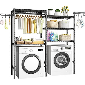 Ulif U5 Over the Washer and Dryer Storage Shelf, Laundry Room Space Saver Bathroom Storage and Organizer Rack for Hanging Towels and Drying Clothes with 5 Wire Shelves, 58.2"W x 13.4"D x 77.5"H, Black
