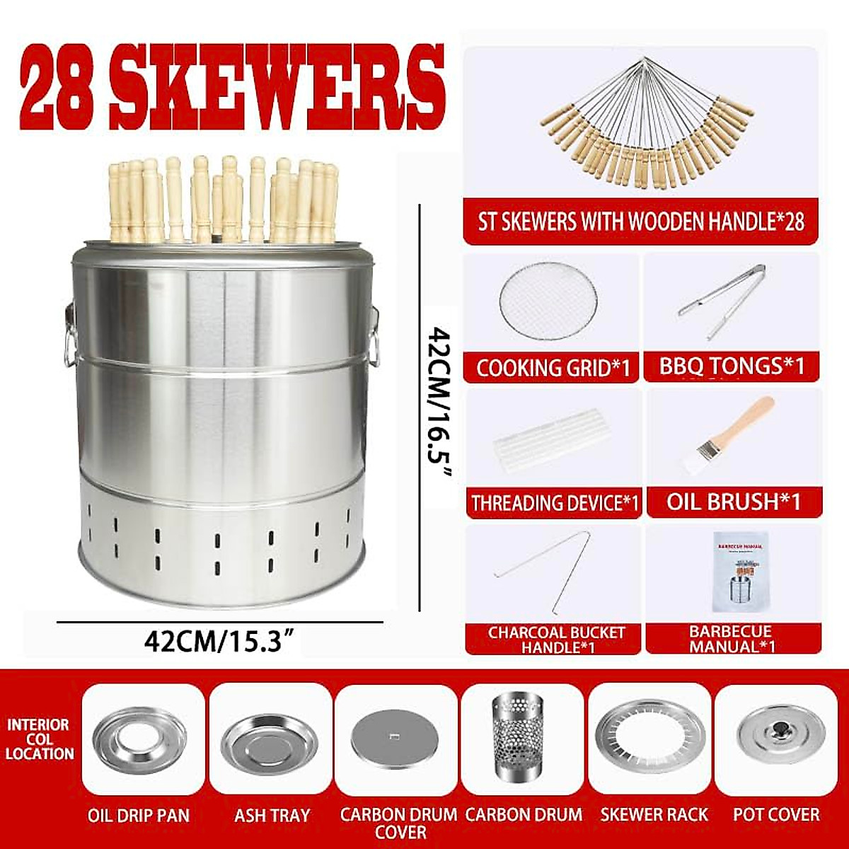 Smokeless Barbecue Hanging Grill With 28 Skewers Stainless Steel Charcoal BBQ Stove Charcoal Braised Grill Barrel Large Capacity Portable 360° All Round Roasting Oven (42cm*39cm (16.5''x15.4''))