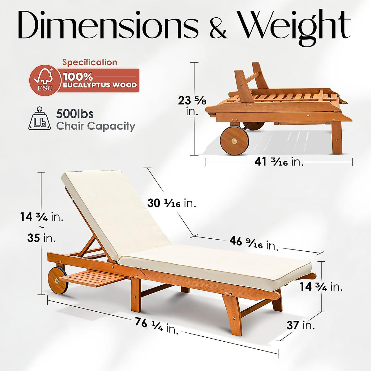 IDZO Upgraded Cushion Outdoor, 500lbs Capacity Patio Pool Loungers, Stackable and Foldable Design, Reclining Backrest, Federica Wood Chaise Lounge_Brown