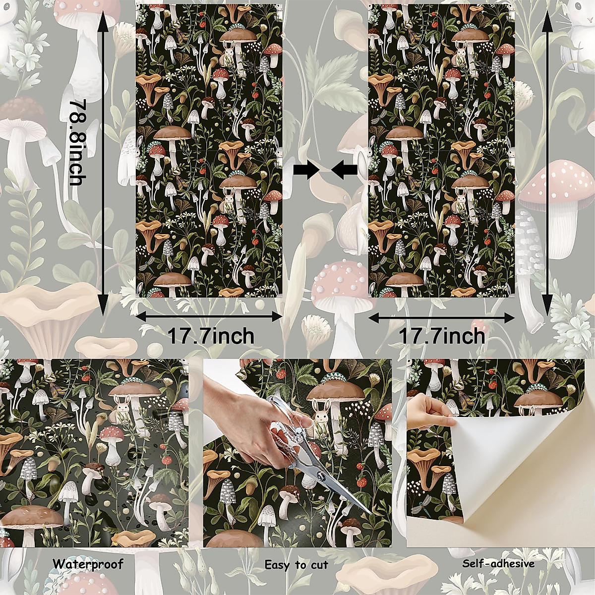 MILEPER Mushroom Wallpaper Peel and Stick Wallpaper Boho Black Wallpaper 17.7" x 78.8" Self Adhesive Removable Wallpaper Leaf Forest Wallpaper Mushroom Contact Paper for Countertops Decor