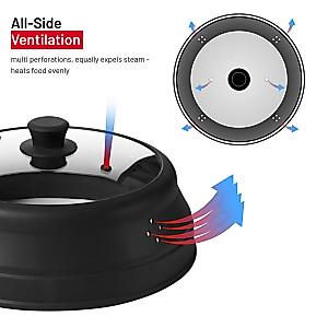 Bezrat Vented, 12-inch Collapsible Microwave Plate Cover for Food, Black - Silicone and Glass Splatter Guard Lid - Fits Plates, Bowls and Meal Prep Containers up to 11.8 x 4 Inch (Black)