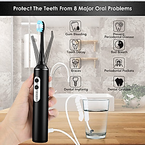 Electric Toothbrush with Water Flosser Combo, 3 in 1 Ultrasonic Toothbrush & Dental Oral Irrigator & Tooth Cleaner with 4 Modes, One Switch from Sonic Brushing to Water Flossing for Home Travel