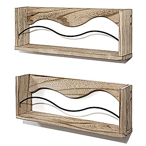 Sapowerntus Wood Book Shelves Wall Mounted, Rustic Nursery Magazine Holder Organizer Vinyl Record Rack with Curve Rail Wave Design, Wall Bookshelf Home Room Office Decor, Set of 2