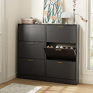 LYNSOM Shoe Cabinet, Free Standing Tipping Bucket Shoe Rack Organizer with 3 Flip Drawers, Modern Entryway Shoe Storage with Top Display, Narrow Slim Hidden Shoe Cabinet (Black)