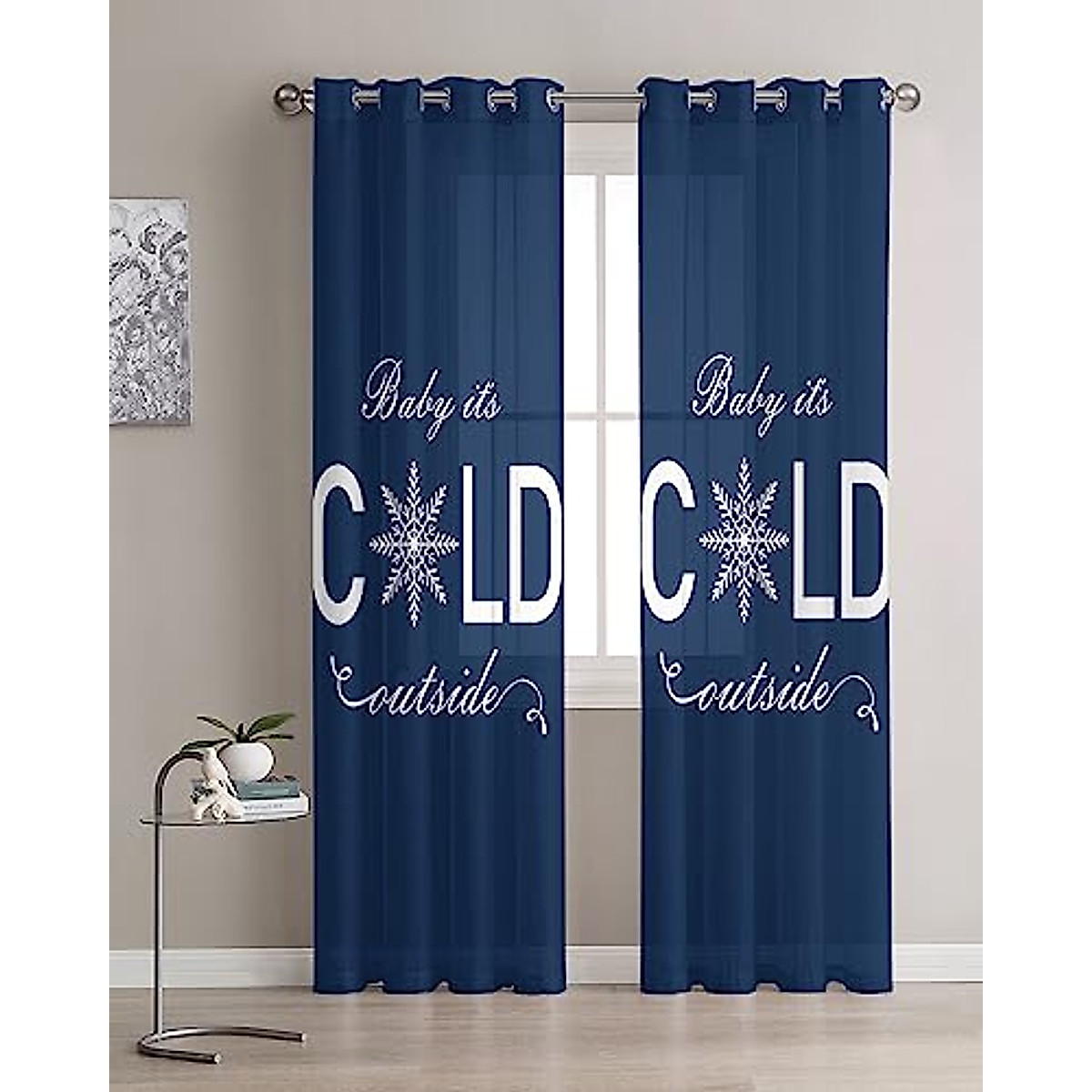 Christmas Sheer Curtains for Bedroom Living Room Sliding Door Curtains 36 inches Long, Voile Kitchen Curtain with Grommet Privacy Window Drape, 1 Panel Cold Winter Snowflakes Blue Backdrop