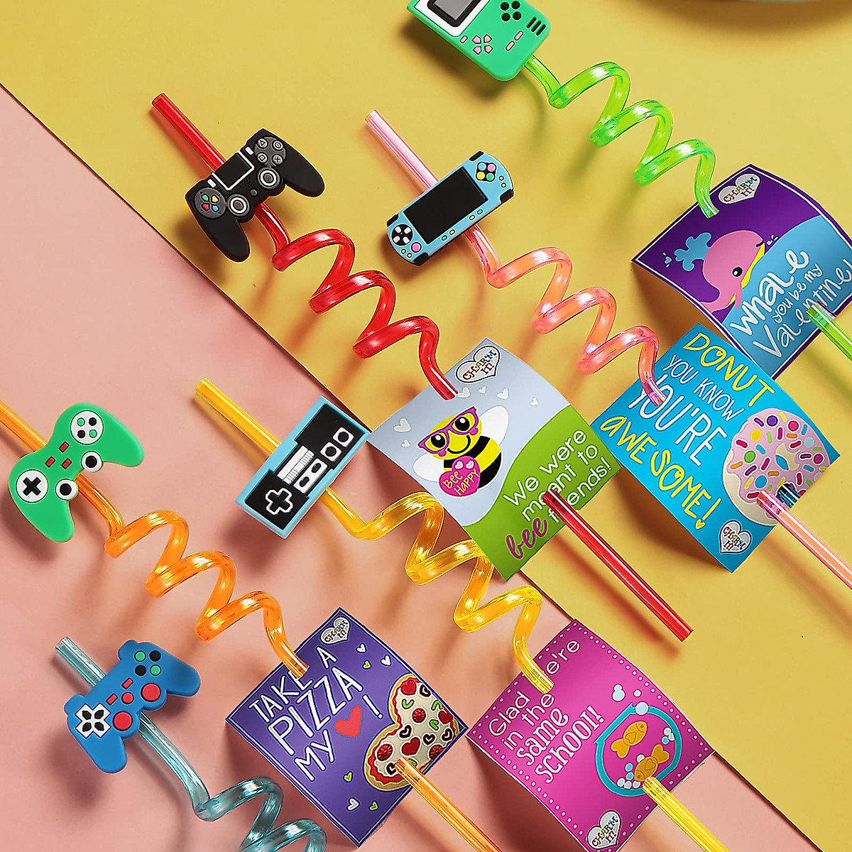 24 Video Game Party Favors Game Controller Drinking Straws Goodie Gifts for Kids Gamer Birthday Party Supplies, Game On Party Supplies with 2 PCS Cleaning Brushes