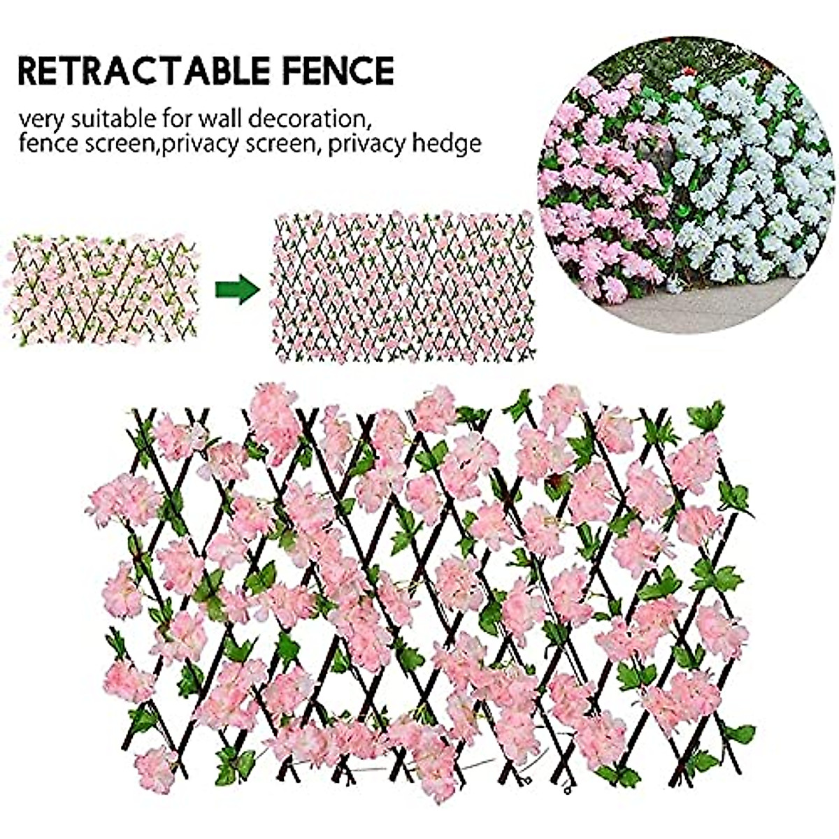 HACSYP Expandable Faux Privacy Fence Wooden Retractable Fence Expanding Fence Hedge Screening with Artificial Flower Leaves | Garden Privacy Protective Screens Trellis Fence Panels