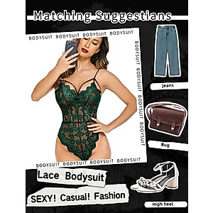 Avidlove Teddy Lingerie for Women Deep V One Piece Lingerie Sexy Lace Bodysuit (Black and Green,Medium)