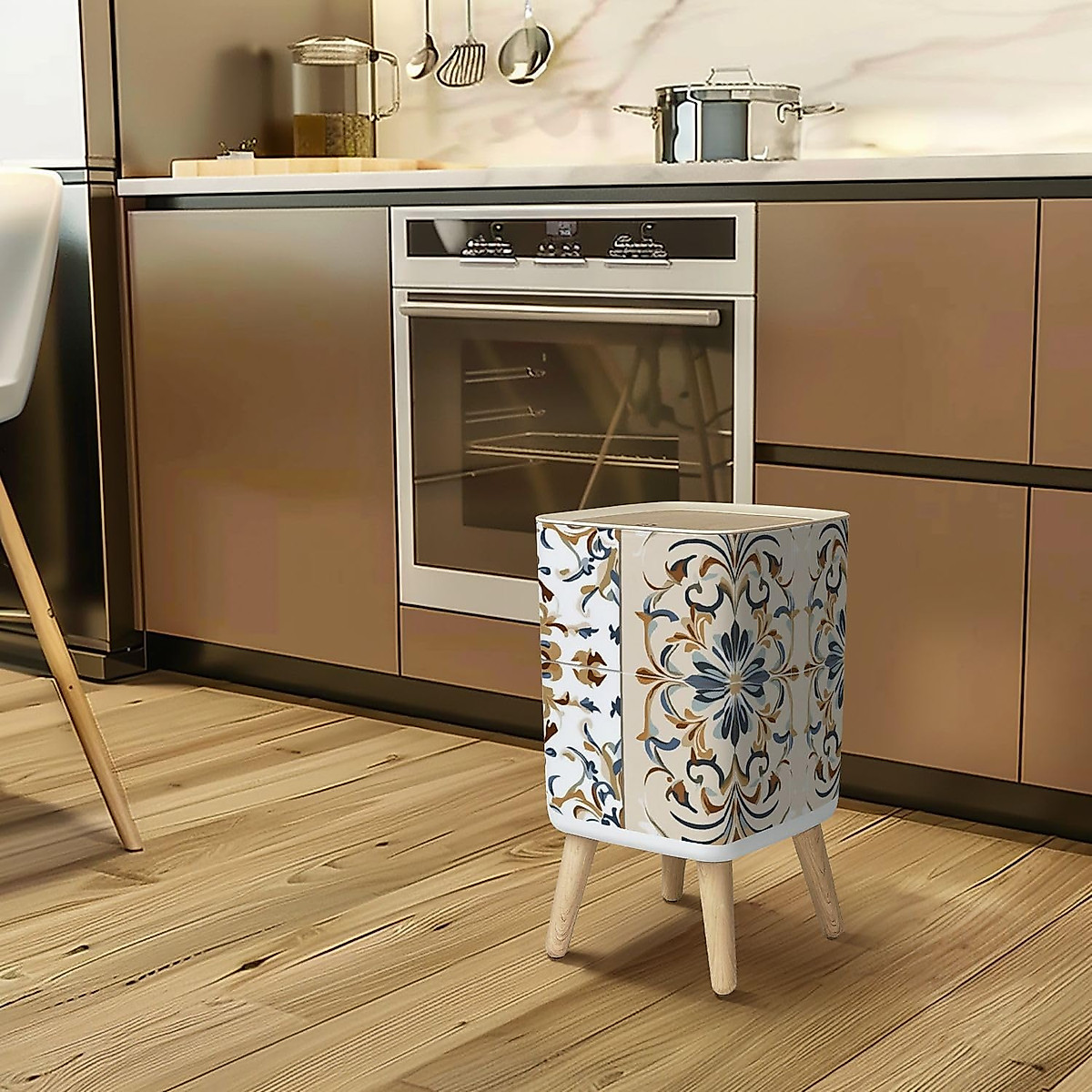 Small Trash Can with Lid Seamless Azulejo tile Portuguese Spain decor Ceramic tile Victorian Wastebasket with Press Cover Dog Proof Garbage Can Waste Bin for Kitchen Bathroom Nursery 2.6 Gallon