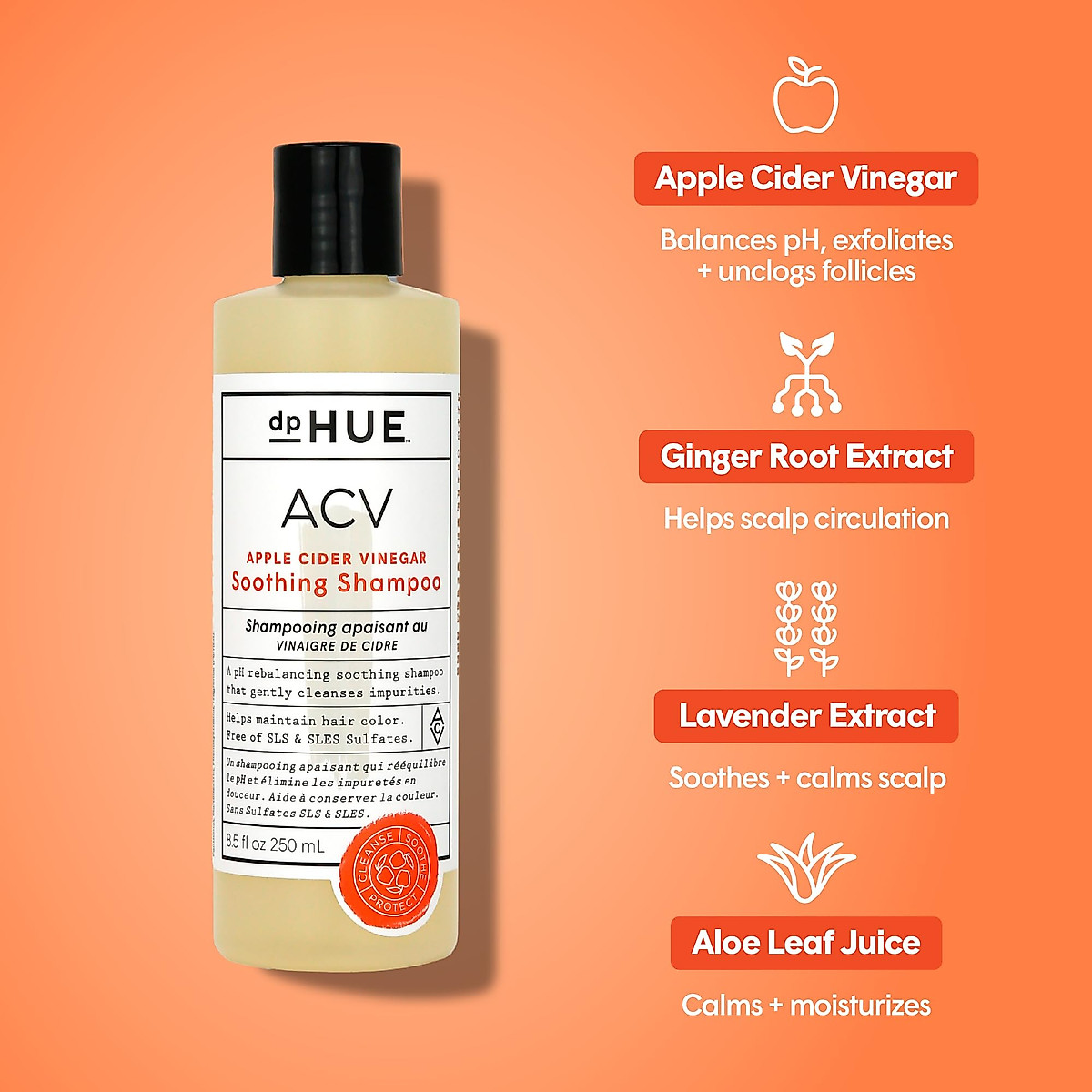 dpHUE ACV Soothing Shampoo, 8.5 Fl Oz - Sulfate Free Dry Scalp Shampoo For Color Treated Hair With Apple Cider Vinegar, Ginger Root, Lavender and Aloe