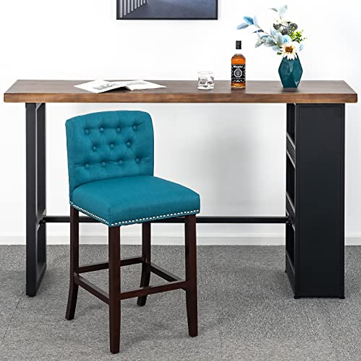 Brage Living 28 Inch Bar Stool, Linen Fabric Button Tufted Barstool with Back, Solid Wood Legs, Nailhead Trim, Upholstered Armless Bar Chair for Kitchen Dining Cafe (Lake Blue)