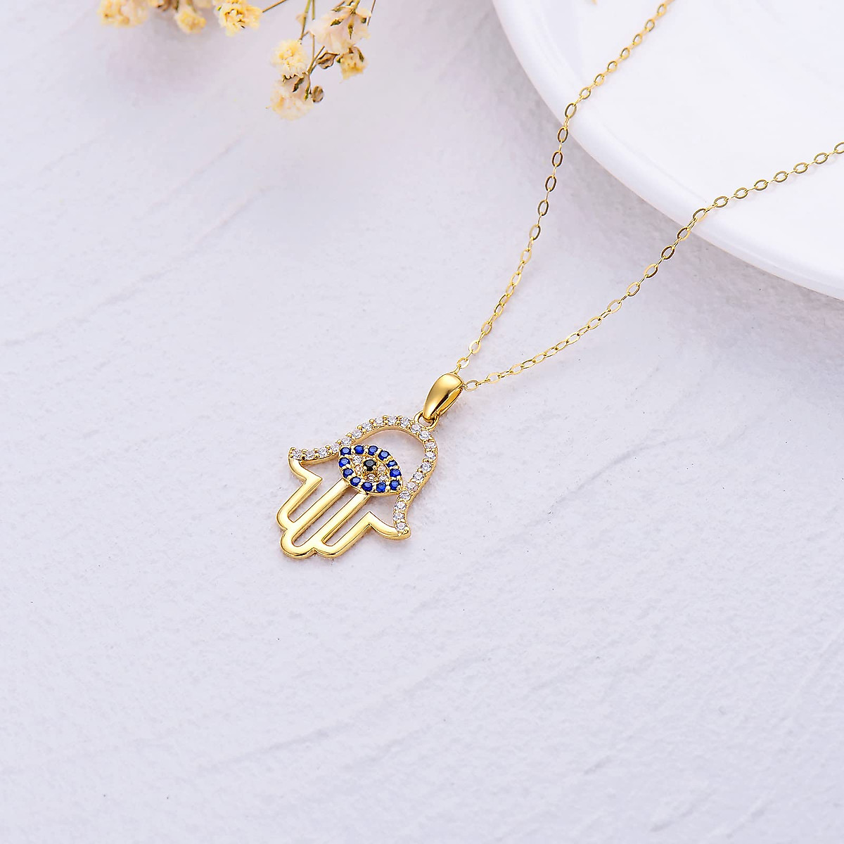 Hamsa Hand Pendant Necklace for Women, Real 14K Gold Evil Eye Pendant with Shiny Sapphire Lucky Protection Jewelry for Her, Wife, Mom, Girlfriend, 18"