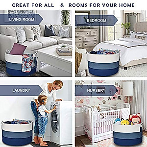 COMSE Extra Large Blanket Basket, Storage Basket, Laundry Basket, 21.7”x 13.8”, Laundry Hamper, Cotton Rope Basket, Blanket Basket Living Room, Toy Basket (White & Cadet Blue & Navy Blue)
