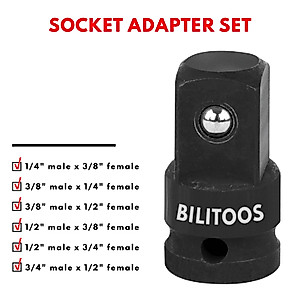BILITOOLS Socket Adapter Set 17 Piece includes Reducer, Universal Joint Socket Set, Drill Adapter 1/4" 3/8" 1/2"