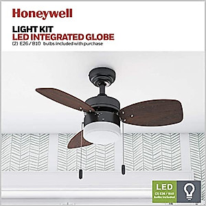 Honeywell Ceiling Fans Ocean Breeze, 30 Inch Modern Indoor LED Ceiling Fan with Light, Pull Chain, Dual Mounting Options, Dual Finish Blades, Reversible Motor - Model 50602-01 (Gilded Espresso)