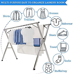 HJWTCQL 95IN （150-240cm） Clothes Drying Rack,Drying Rack Clothing Folding Indoor Outdoor,Heavy Duty Stainless Steel Laundry Drying Rack（10.38pounds） with Clothes Drying Rack Windproof Hooks 30pc