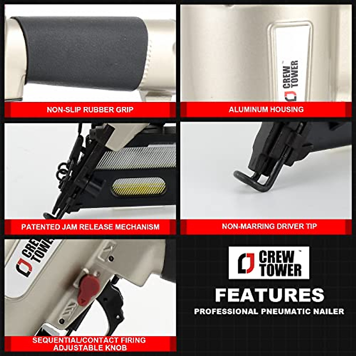 CREWTOWER NT65 15 Gauge, 1-1/4" to 2-1/2" Angle Finish Nailer Pneumatic Finishing Nail Gun for Molding, Baseboard, Trim and Finishing, Air-powered