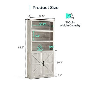 Farmhouse Bookshelves and Bookcases with Doors, Floor Standing 5 Shelf Display Storage Shelves, 69 in Tall Bookcase for Home Office, Living Room, Washed Grey