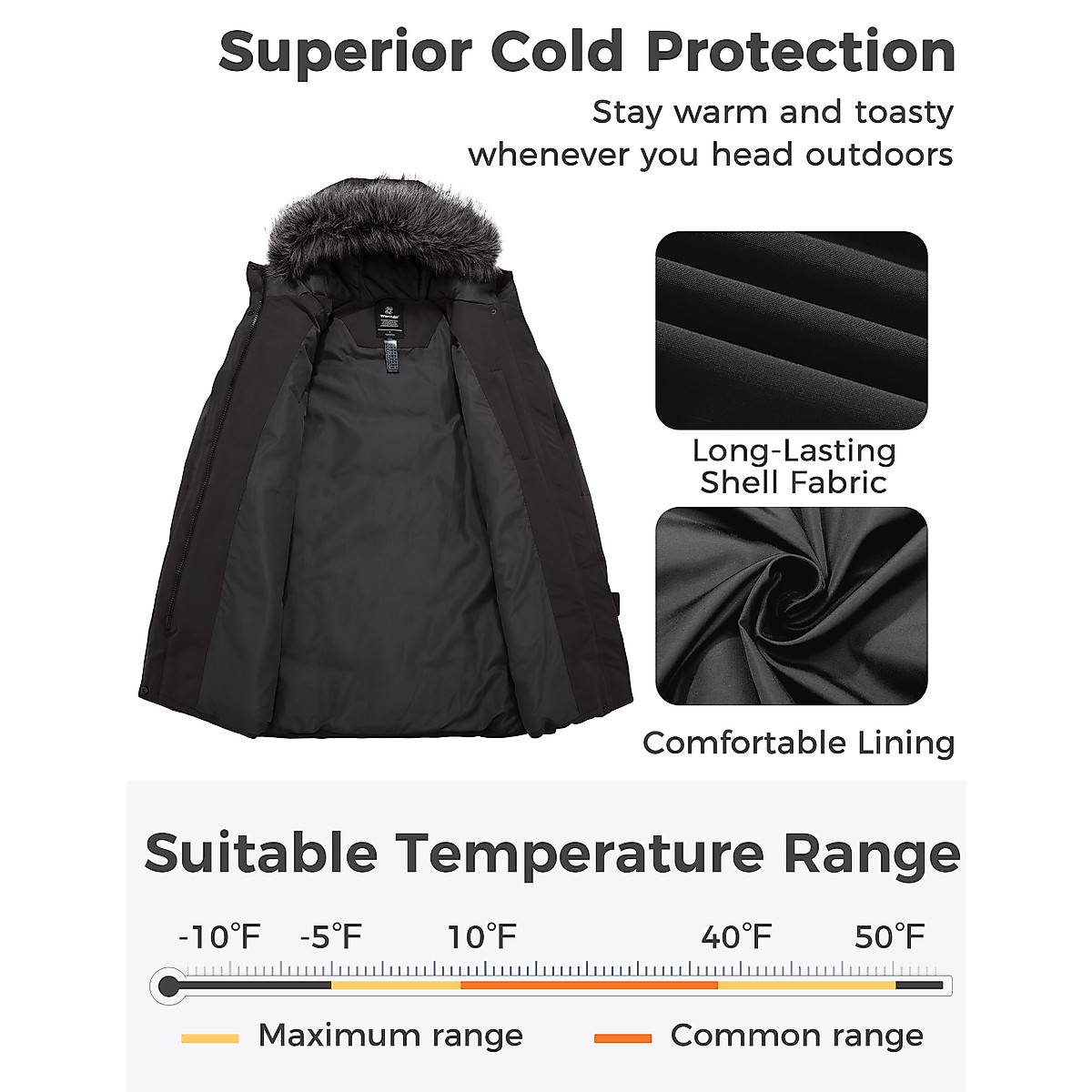 wantdo Women's Fur Hooded Winter Coat Warm Thicken Puffer Coat Black XL