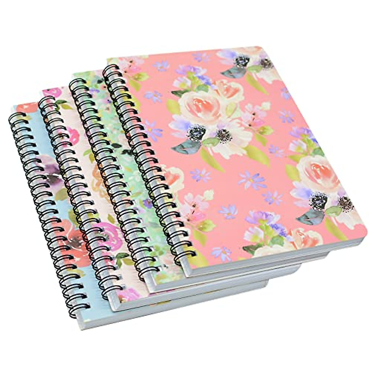 Yansanido Spiral Notebook, 4 Pcs A5 Thick Flower Design Hardcover 8mm Ruled 4 Color 80 Sheets -160 Pages Journals for Study and Notes (flower)