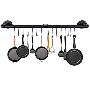 SUJOER 39.4 inch Pot Rack Wall Mounted with 15 Hooks, Hanging Pot Pan Organizer Rack,Utensil Industrial Pipe Hanger,heavy duty Cast Iron Skillet Storage Rail,Cabinet Black Pots and Pans Storage