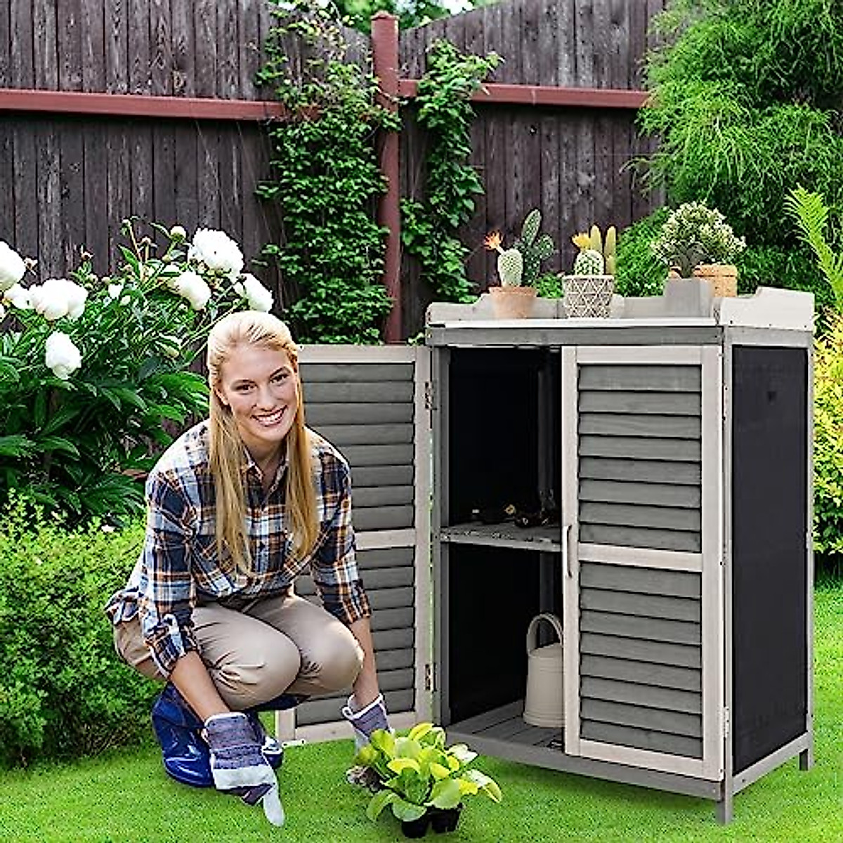 Goplus Outdoor Potting Bench Table, Garden Storage Cabinet w/Metal Tabletop, Roll-up Side Door, Solid Wood Potting Workstation for Garden, Patio, Grey