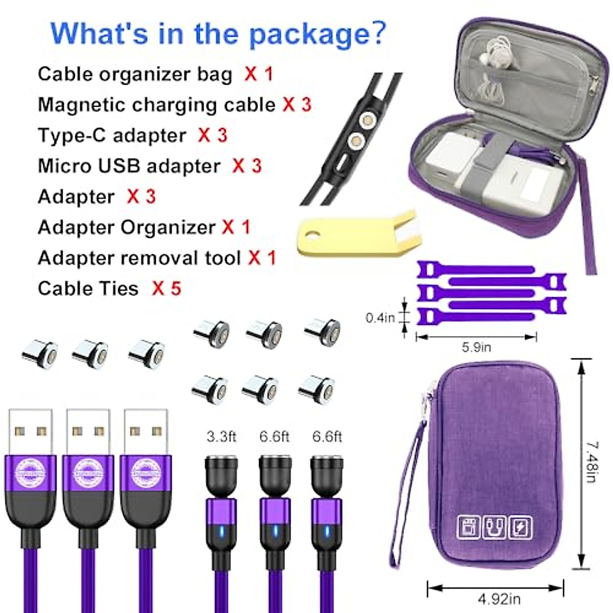 EndlesShine Magnetic Charging Cable(3Pack3.3/6.6/6.6FT&Cable Bag),One-Handed Charging Magnetic Phone Charger 3 in 1 Compatible with Micro USB, Type C 3A Charging USB Data Sync Cable(Purple)