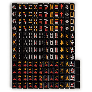 Yellow Mountain Imports Chinese Mahjong Game Set, Jet Set - with 148 Small-Size Black Tiles and Wooden Case, Wooden Spinner, Dice, and Scoring Sticks (for Chinese Style Game Play)