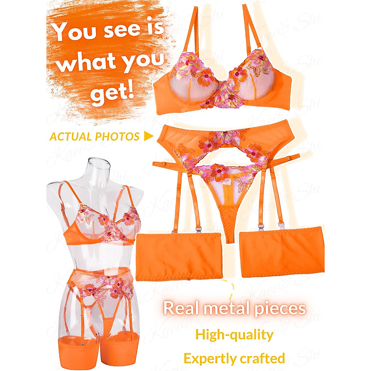 Kaei&Shi Glow in the Dark Lingerie for Women,Underwire Floral Embroidered Sexy Lingerie Set,Blacklight Matching 4 Piece Lingerie Petite Neon Orange X-Small