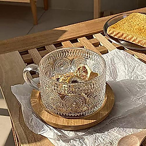 Amzcku Vintage Coffee Tea Cups, Glass Mugs 14 Oz Set of 2 Embossed Glassware with Handle, for Cappuccino, Latte, Cereal, Yogurt, Beverage Hot/Cold, Milk