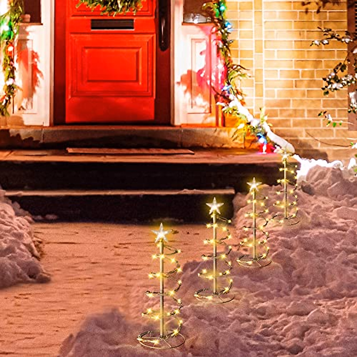 Joiedomi 4 Pack 18" Spiral Christmas Tree Pathway Light, 100 Count Warm White Waterproof Pathway Yard Stake for Christmas, Garden, Lawn, Indoor Outdoor Holiday Decoration