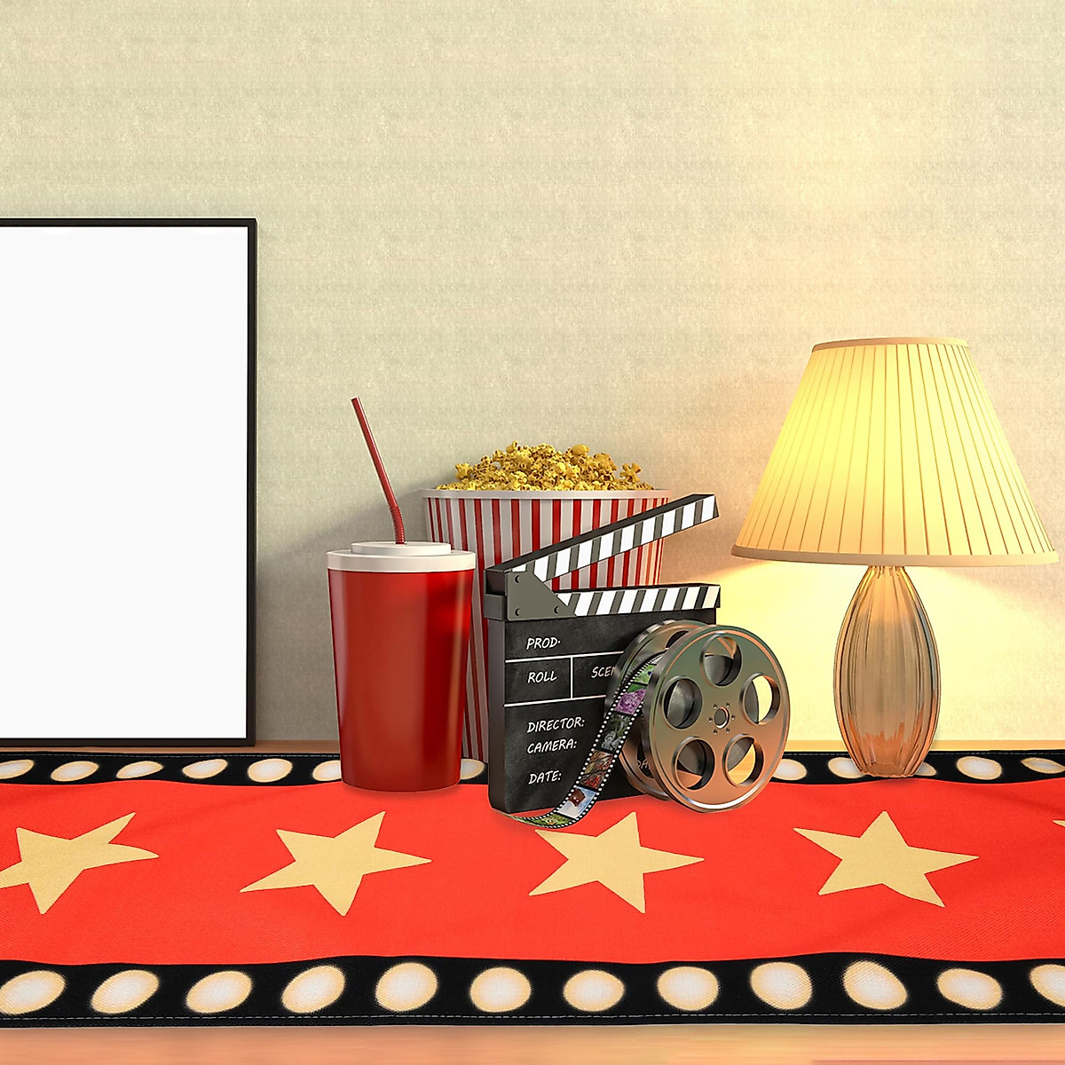 2 Pcs 13 x 72 Inch Movie Night Table Runner Red Movie Theme with Gold Star Design Movie Night Red Carpet Decoration for Movie Night Birthday Party Supplies（red）