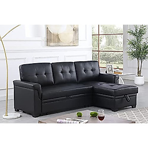 Evedy Reversible Sleeper Sectional Sofa with Storage Chaise,Living Room Furniture Set,L-Shaped Couch with Pull-Out Sofa Bed,PU Leather Upholstered Sofas & Couches for Apartment/Lounge-Black