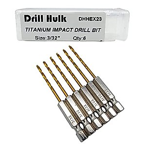 Pack of 6, 3/32-Inch Titanium Nitride Coated Drill Bit, Hex Shank, Premium M2 High Speed Steel, for Metal, Plastic, Wood
