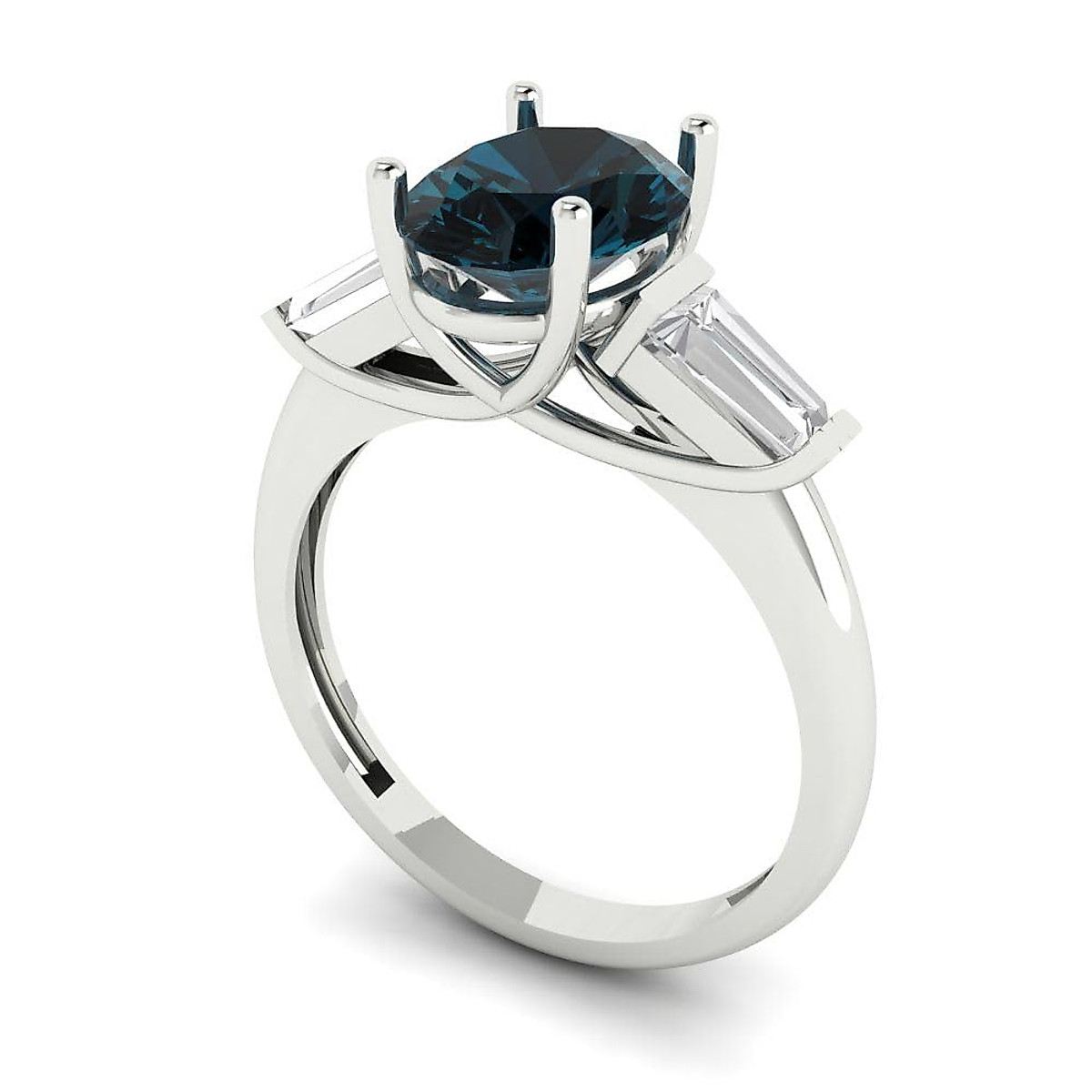 Clara Pucci 2.47ct Oval Baguette cut 3 stone Solitaire Natural London Blue Topaz gemstone designer Modern Statement Ring 14k White Gold