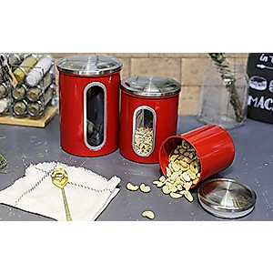 Fortune Candy Stainless Steel Canister Sets with Anti-Fingerprint Lid and Visible Window, Cereal Container Set of 3 (Raspberry Red)