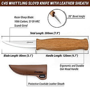 BeaverCraft Sloyd Knife C4s 3.14" Wood Carving Sloyd Knife with Leather Sheath for Whittling and Roughing for Beginners and Profi Durable High Carbon Steel - Spoon Carving Tools Thin Wood Working