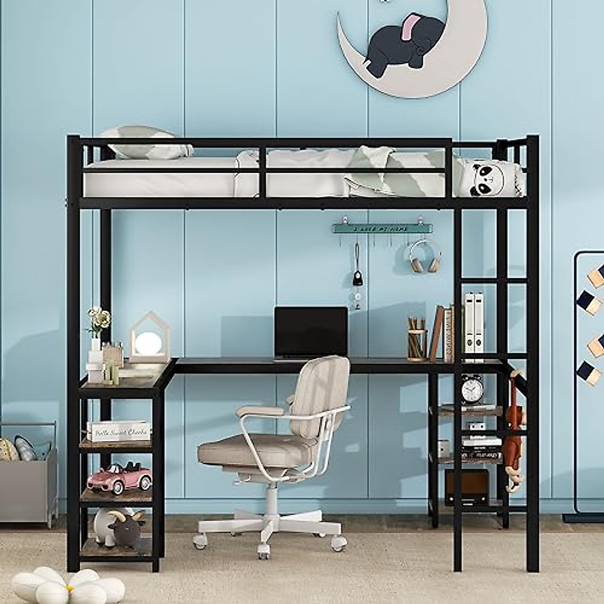 BOVZA Full Metal Loft Bed with Desk and Shelves, Multifunctional Loft Bed with Ladder and Safety Guardrails, Bed Frame for Bedroom, Space Saving, Black