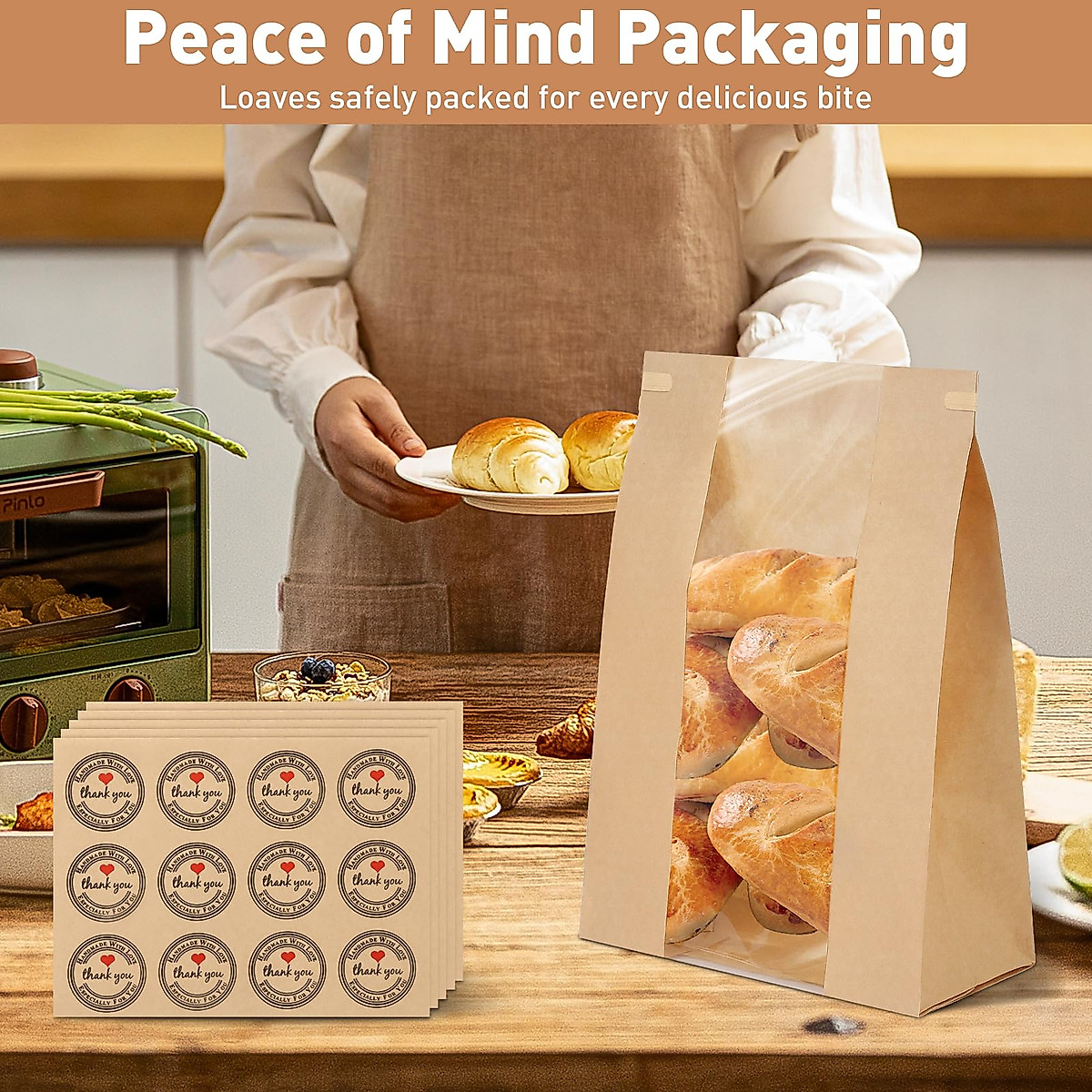 30-Pack Paper Bread Bags for Homemade Bread Sourdough Bread Bags with Tin Tie Tab Lock, Large Kraft Paper Bread Loaf Bag with Clear Window and Label Seal Stickers for Baked Food Packaging Storage