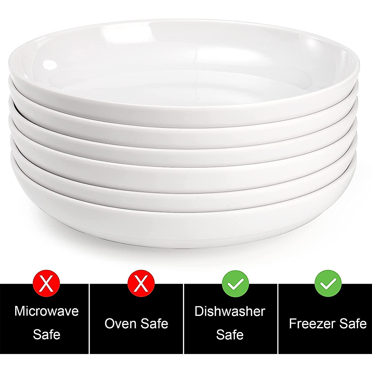 Fasmov Melamine Pasta Bowls, 6 Pack 8 inches 20 Oz Large Salad Serving Bowls, Shallow Salad Bowls, Plastic Dinner Deep Plates, Dishwasher Safe, White