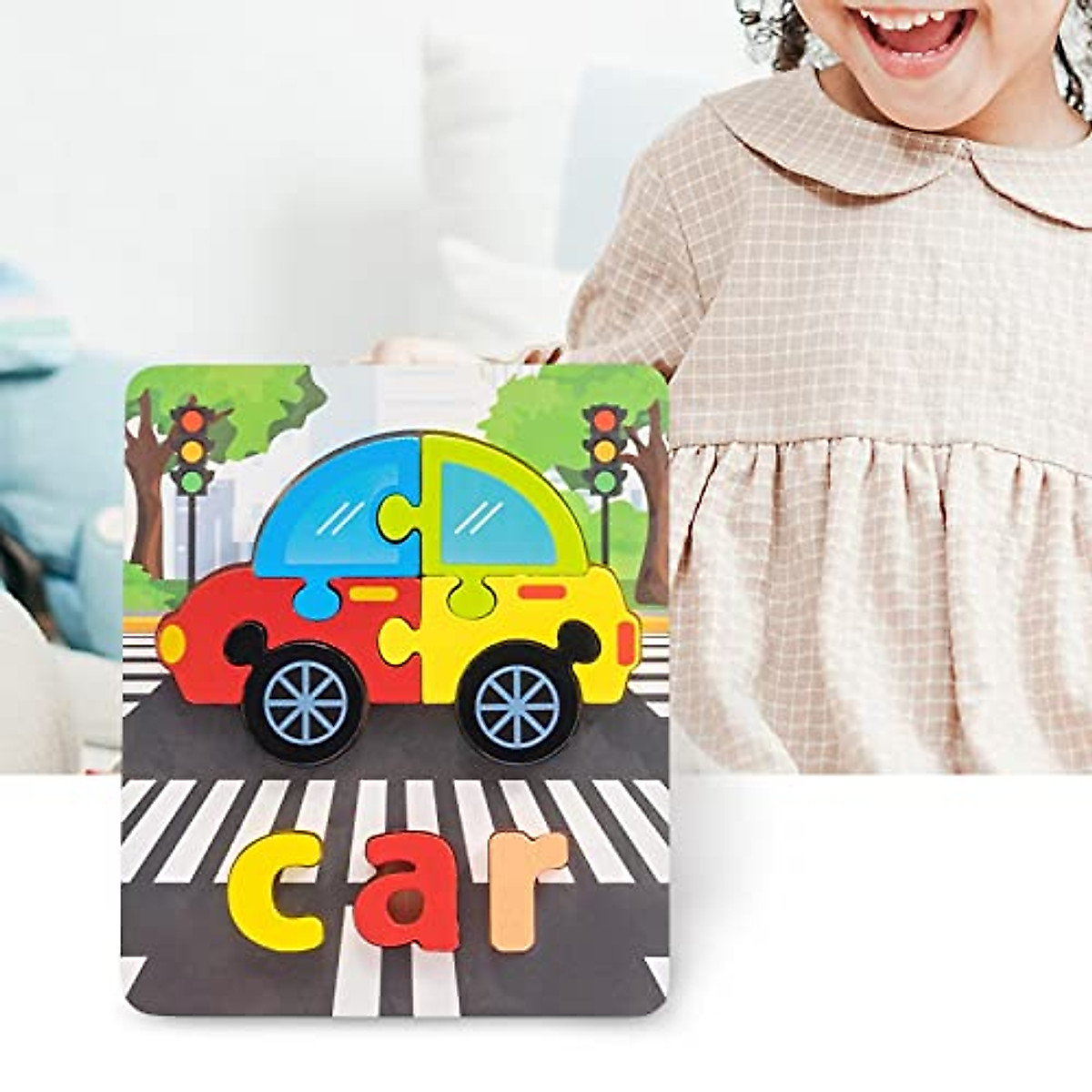 Almencla Children 3D Shapes Letter Wood Jigsaw Puzzle Montessori Toy Birthday Gift Vibrant Colors Early Learning Tool Accessories Rounded Edges, Automobile