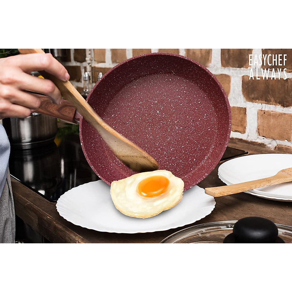 Easy chef always, Nonstick Frying Pan Skillet, 10inch, Non Stick Granite Red Coating, Egg Pan Fry Pan Omelet Pan Healthy Stone Cookware Chef’s Pan, PFOA Free, Induction Compatible