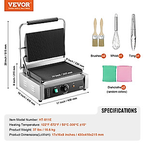 VEVOR Commercial Panini Grill, 1800W Electric Sandwich Panini Maker, Stainless Steel Sandwich Press, Panini Grill with Temp Control & 14"x9" Full Grooved Enamel Plate, for Hamburger Steak Bacon