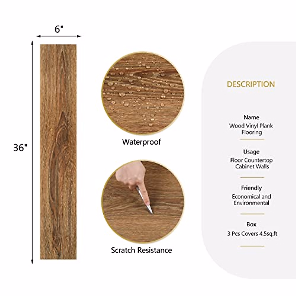 YENHOME 36"X6" Brown Wood Vinyl Flooring Planks Roll Peel and Stick Floor Tile Waterproof Peel and Stick Flooring for Bathroom Vinyl Floor Tiles Wood Planks for Walls Durable and Removable (3 PCS)