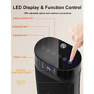 MEPTY Space Heater, 1500W Fast Heating Ceramic Electric Heaters with Remote,Thermostat, Oscillation, 1-12H Timer, Overheating & Tip-Over Protection, Portable Heater for Indoor Use (Black)