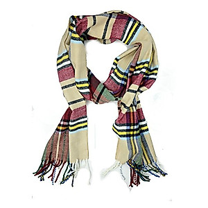 Plum Feathers Super Soft Luxurious Cashmere Feel Winter Scarf (Tan-Burgundy Plaid)