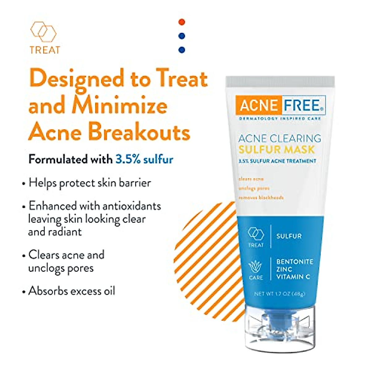 Acne Free Clearing Sulfur Mask Absorbs Excess Oil & Unclogs Pores with Vitamin C and Bentonite Clay, 1.7 Oz